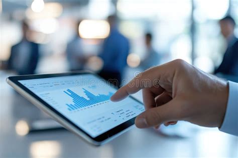 A Hand Interacts With A Tablet Displaying Data Charts In A Business