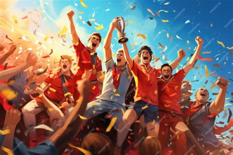 Premium Ai Image Men Hold Trophy While Crowd Cheers With Excitement A