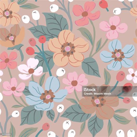 밝은 베이지색 배경에 파란색과 베이지색 갈색과 분홍색 꽃과 열매의 꽃 패턴 벽지 인쇄물 포스터 엽서에 대 한 귀여운 꽃 미적 구성 0명에 대한 스톡 벡터 아트 및 기타