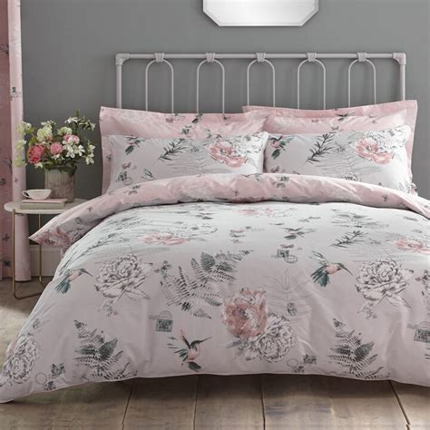 Dunelm Heavenly Hummingbird Grey And Blush Duvet Cover And Pillowcase Set