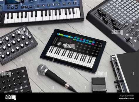 Piano Synthesizer App On Tablet And Musical Instrument Concept Stock Photo Alamy