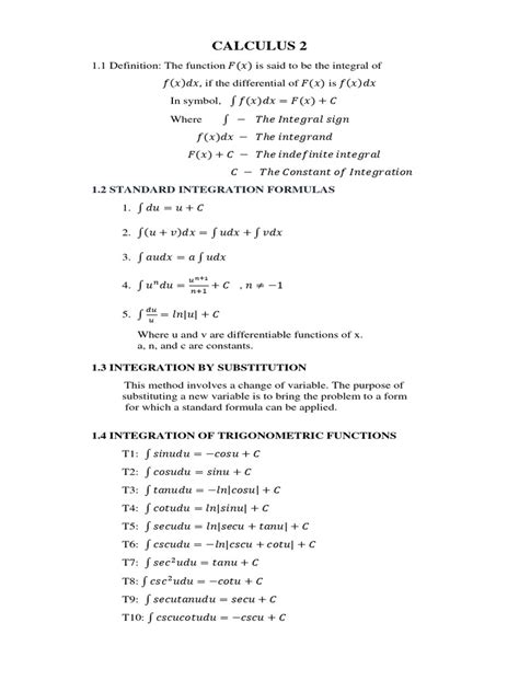 Calculus 2 Formulas Pdf Trigonometric Functions Integral