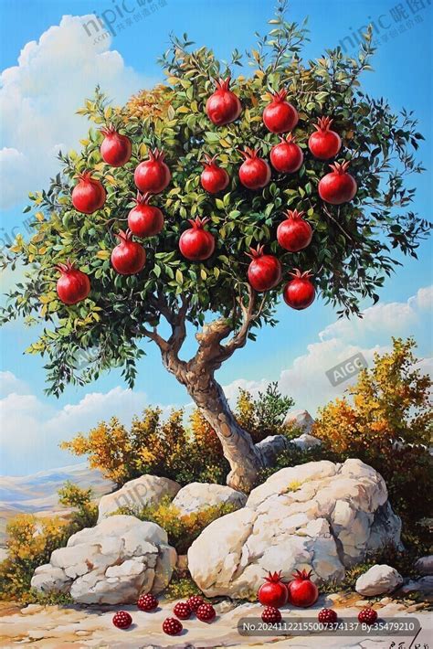 Ai创作图3d立体画苹果树 3d画苹果树 3d画山楂 逼真的水果艺术 3d苹果树 石榴籽精神小品 满树大苹果 果园苹果壁画 丰收苹果树 油画