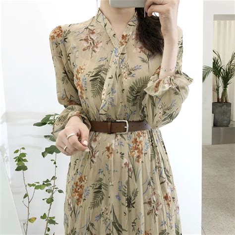 2021 빈티지 여성 미디 드레스 우아한 V넥 꽃 프린트 플레어 슬리브 A라인 여성 쉬폰드레스 Aliexpress