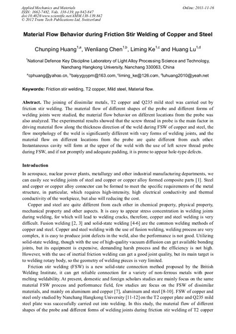 Material Flow Behavior During Friction Stir Welding Of Copper And Steel Scientific Net
