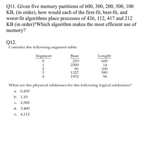 Solved Q11 Given Five Memory Partitions Of 600 300 200