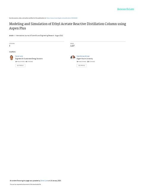 Modeling And Simulation Of Ethyl Acetate Reactive Distillation Column Using Aspen Plus Pdf