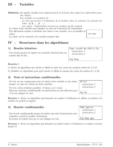 Algorithmique et programmation Maths ère S exercices corrigés