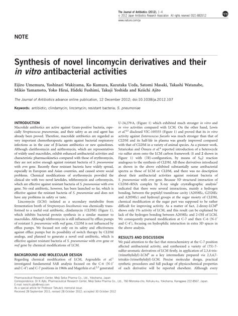Pdf Synthesis Of Novel Lincomycin Derivatives And Their In Vitro