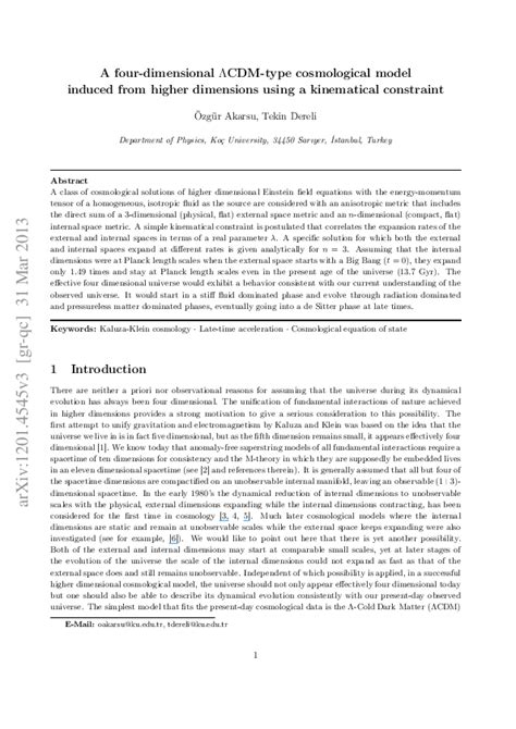 Pdf A Four Dimensional Lambda Cdm Type Cosmological Model Induced From Higher Dimensions