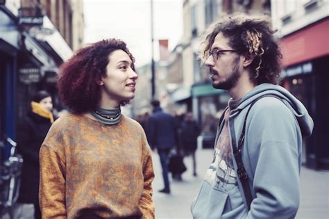Premium Photo Two Nonbinary Persons Talking On The Street Candid