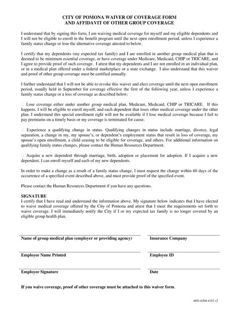 fillable online city of pomona waiver of coverage form fax email print