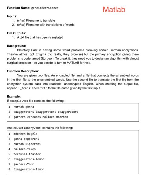 Solved Function Name Geheimferncipher Matlab Inputs 1 2