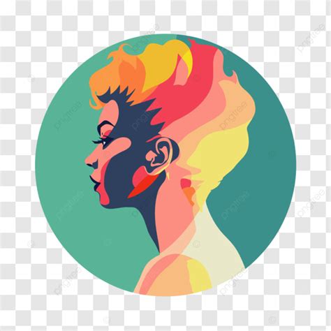 둥근 원 안에 화려한 여성 프로필 벡터 흰색 배경에 있는 그란데의 단순한 다채로운 아이콘 그림자 없음 작은 프레임 중앙