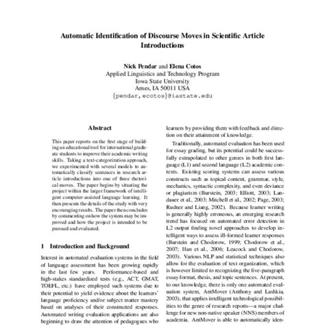 Automatic Identification Of Discourse Moves In Scientific Article Introductions Acl Anthology