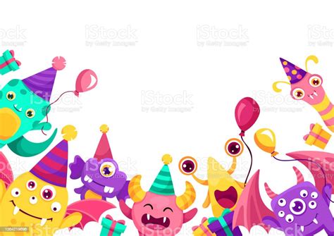 몬스터 파티 배너 디자인 텍스트와 화려한 파티 요소 풍선 모자 선물 귀여운 생물 벡터 만화 평면 일러스트레이션 몬스터에 대한