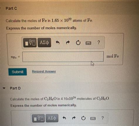Solved Part 0 Calculate The Moles Of Fe In 1 65 X 1022 Atoms