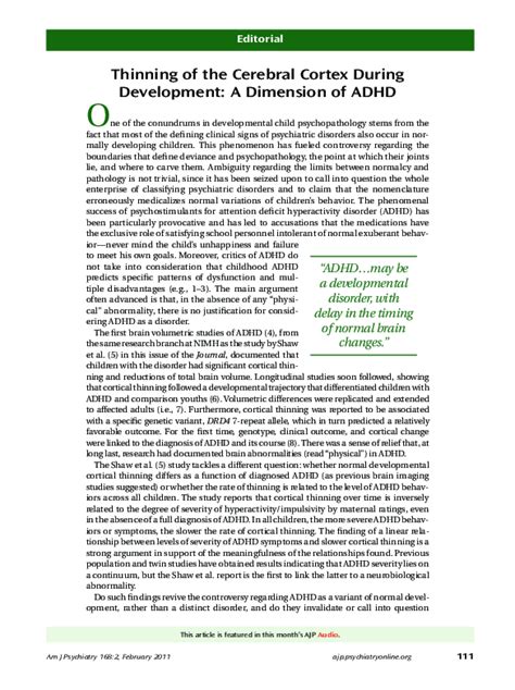 Pdf Thinning Of The Cerebral Cortex During Development A Dimension Of Adhd