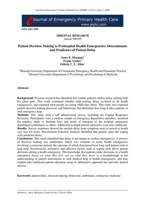 Pdf Patient Decision Making In Prehospital Health Emergencies Determinants And Predictors Of