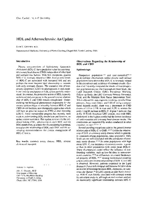 Pdf Hdl And Atherosclerosis An Update