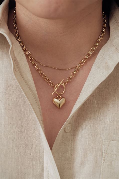 Heart Toggle Necklace Gold Layered Necklace Toggle Clasp Chain