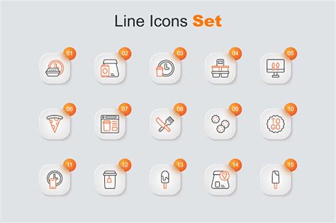 세트 라인 아이스크림 온라인 주문 음식 차 한잔 시계 배달 커피 컵 쿠키 비스킷 및 교차 나이프와 포크 아이콘 벡터 가방에 대한