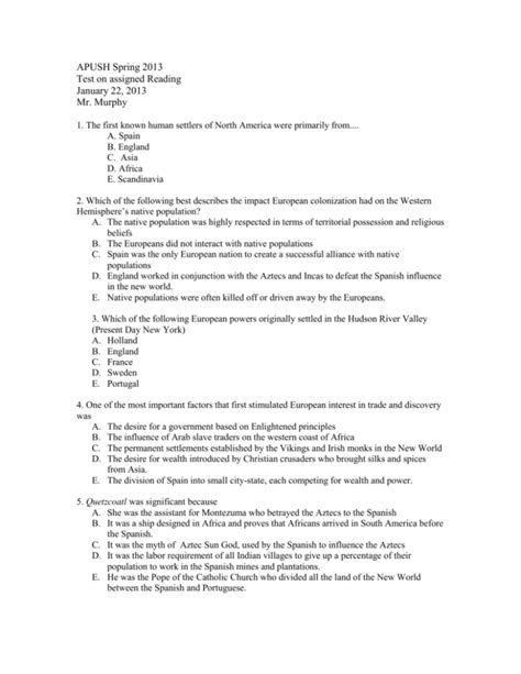 Apush Colonial History Test Spring 2013