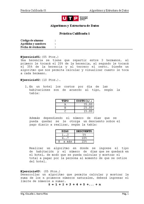 PC1 Principios De Algoritmos Practica Calificada 01Algoritmos Y Estructura De Datos