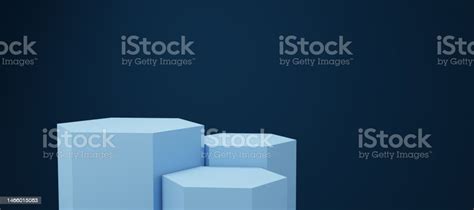 3 짙은 파란색 복사 공간 배경에 떠 있는 빈 파란색 육각형 연단 추상 최소 스튜디오 3d 기하학적 모양 개체입니다 제품 디자인 전시를 위한 모노톤 받침대 모형 공간 3d