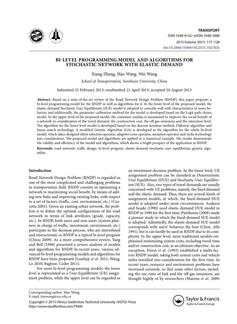 Pdf Bi Level Programming Model And Algorithms For Stochastic Network With Elastic Demand