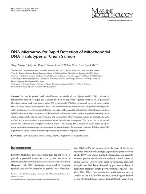 Pdf Dna Microarray For Rapid Detection Of Mitochondrial Dna Haplotypes Of Chum Salmon