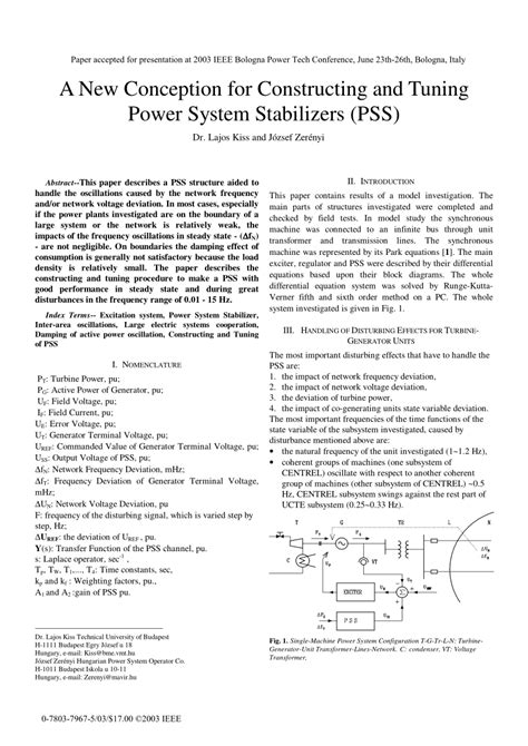 PDF A New Conception For Constructing And Tuning Power System Stabilizers PSS