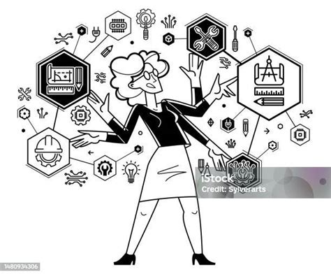 프로젝트에서 일하는 엔지니어 초안 계획 벡터 개요 그림 창의적인 발명가 기계 수리에 대한 작업을 수행하는 정비사 전문가 Conscription에 대한 스톡 벡터 아트 및