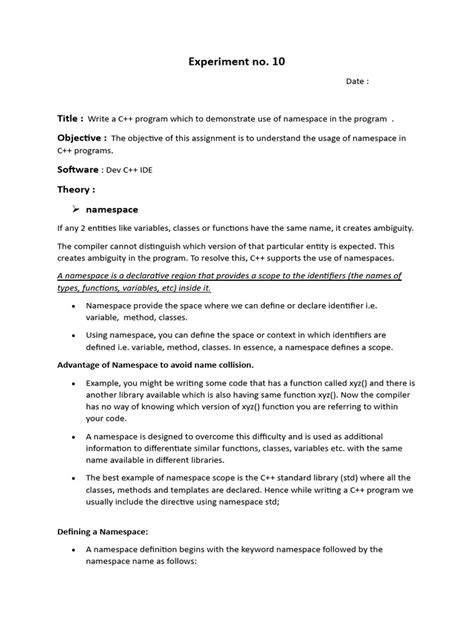 Oopl Assignment No 10 Pdf Namespace C