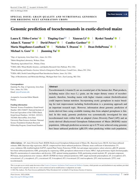 Pdf Genomic Prediction Of Tocochromanols In Exotic Derived Maize
