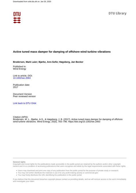 Pdf Active Tuned Mass Damper For Damping Of Offshore Wind · Tuned Mass Damper Atmd Is A