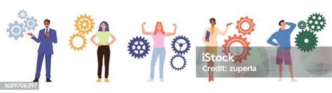 고립된 다양한 사려 깊은 사람들 만화 캐릭터 흰색 배경에 설정된 기어 톱니바퀴 사람들에 대한 스톡 벡터 아트 및 기타 이미지