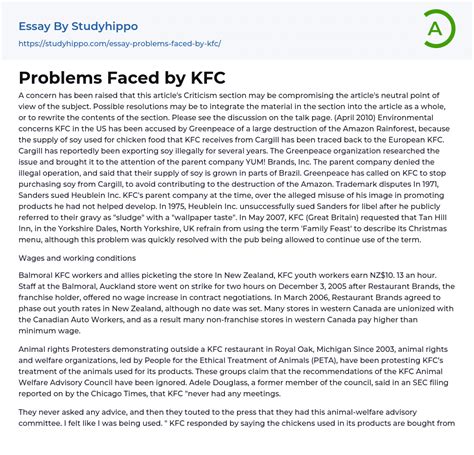 Problems Faced By Kfc Essay Example