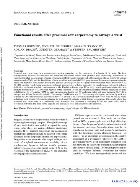 Pdf Functional Results After Proximal Row Carpectomy To Salvage A Wrist