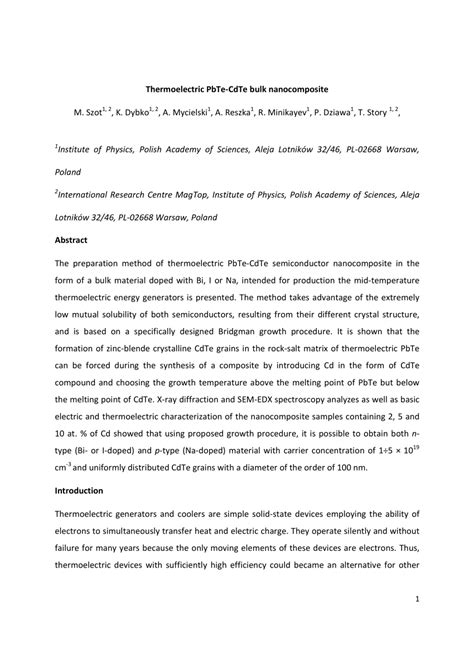 Pdf Thermoelectric Pbte Cdte Bulk Nanocomposite