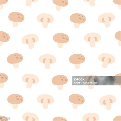 샴 피뇽 버섯 원활한 패턴입니다 벽지 섬유 직물 종이를 위한 편평한 손으로 그린 짜임새 손으로 그린 벡터 일러스트 레이 션 식용 버섯에 대한 스톡 벡터 아트 및 기타 이미지