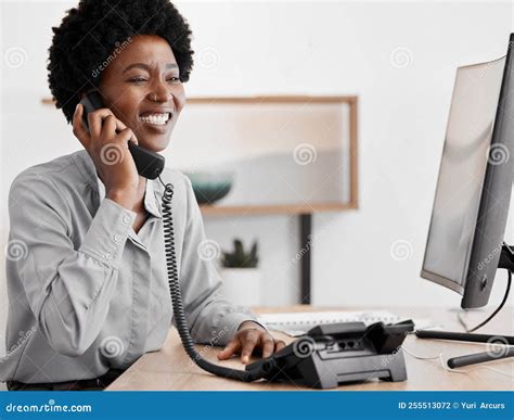Black Woman Secretary On Business Telephone Call Working And In