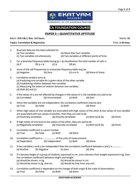 Fdn Maths Correlation And Regression Test 2 Que Pdf Applied Mathematics
