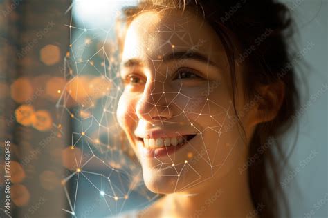 Beautiful Woman Smiling Face Being Recognized By Facedetect Algorithm Scanner Of The Volumetric