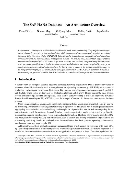 The Sap Hana Database An Architecture Overview Docslib