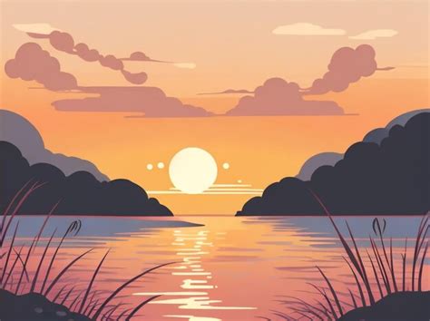 Sunset Over The River Cute Vector Illustration Premium Ai Generated Image