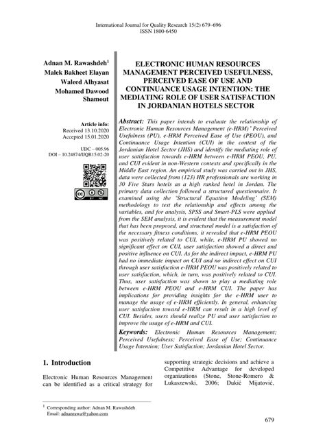 Pdf Electronic Human Resource Management Perceived Usefulness Perceived Ease Of Use And