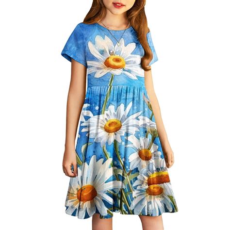 Qqamb Girls Dresses Floral Printed Cute Summer Short Sleeve A Line