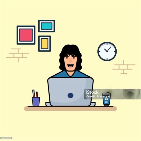 커피 벡터 일러스트레이션으로 컴퓨터에서 작업하는 사람들 사무실 작업 웹 랜딩 페이지 배너 전단지 스티커 배경 화면 카드 배경에 적합한 플랫 만화 스타일 감정에 대한 스톡