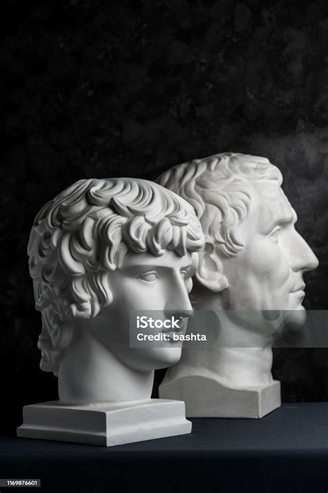 어두운 질감 배경에 고대 동상 아우구스투스와 Antinous 머리의 석고 사본 석고 조각 남자 얼굴입니다 고대 그리스 양식에 대한 스톡 사진 및 기타 이미지 Istock